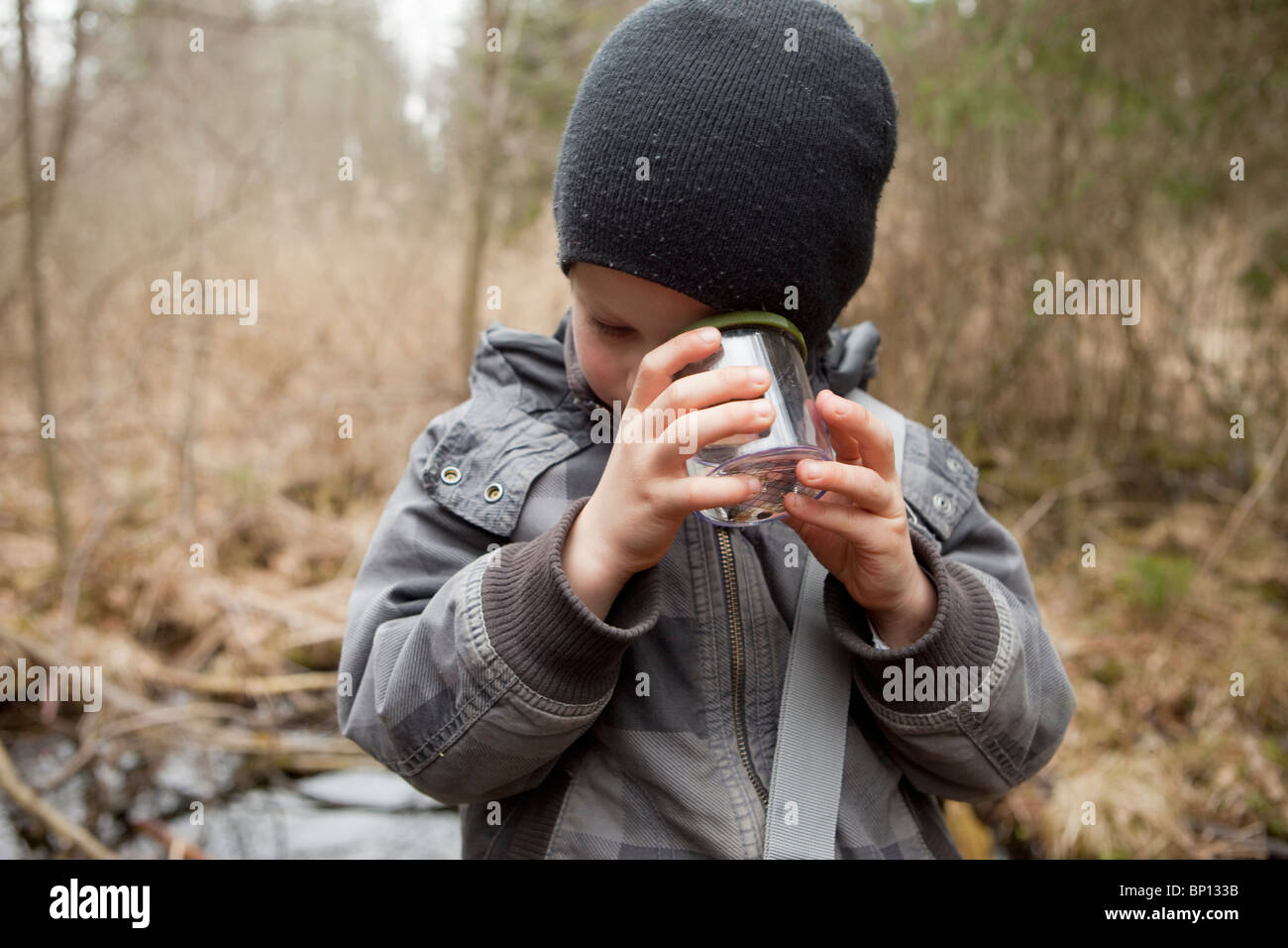 Boy examining something in a glass Stock Photo - Alamy