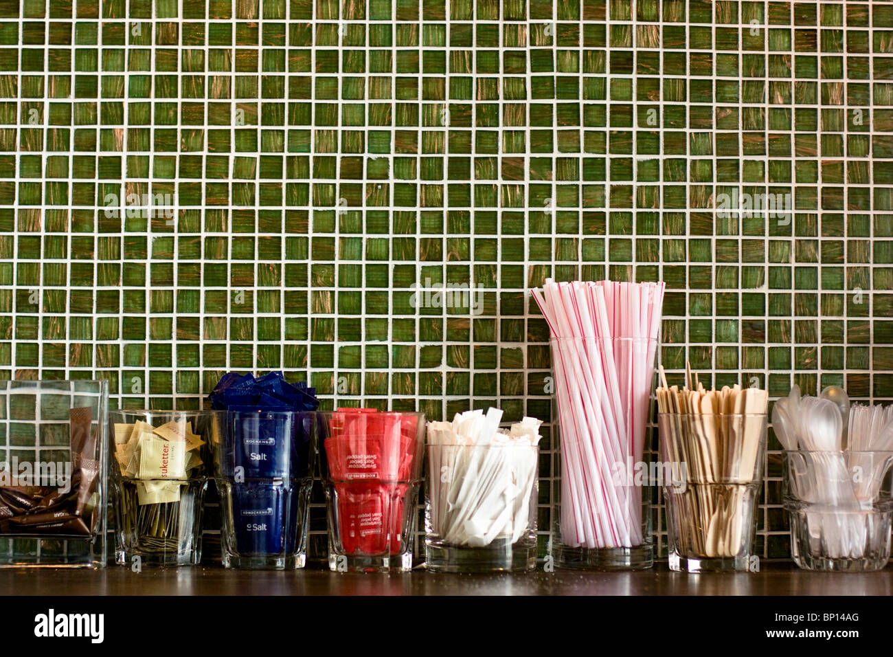 Coffee and refreshment condiments, Arlanda Airport, Sweden Stock Photo ...