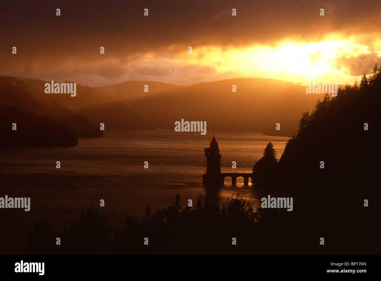 Lake Vyrnwy and Straining Tower at sunset Powys Wales UK Stock Photo ...