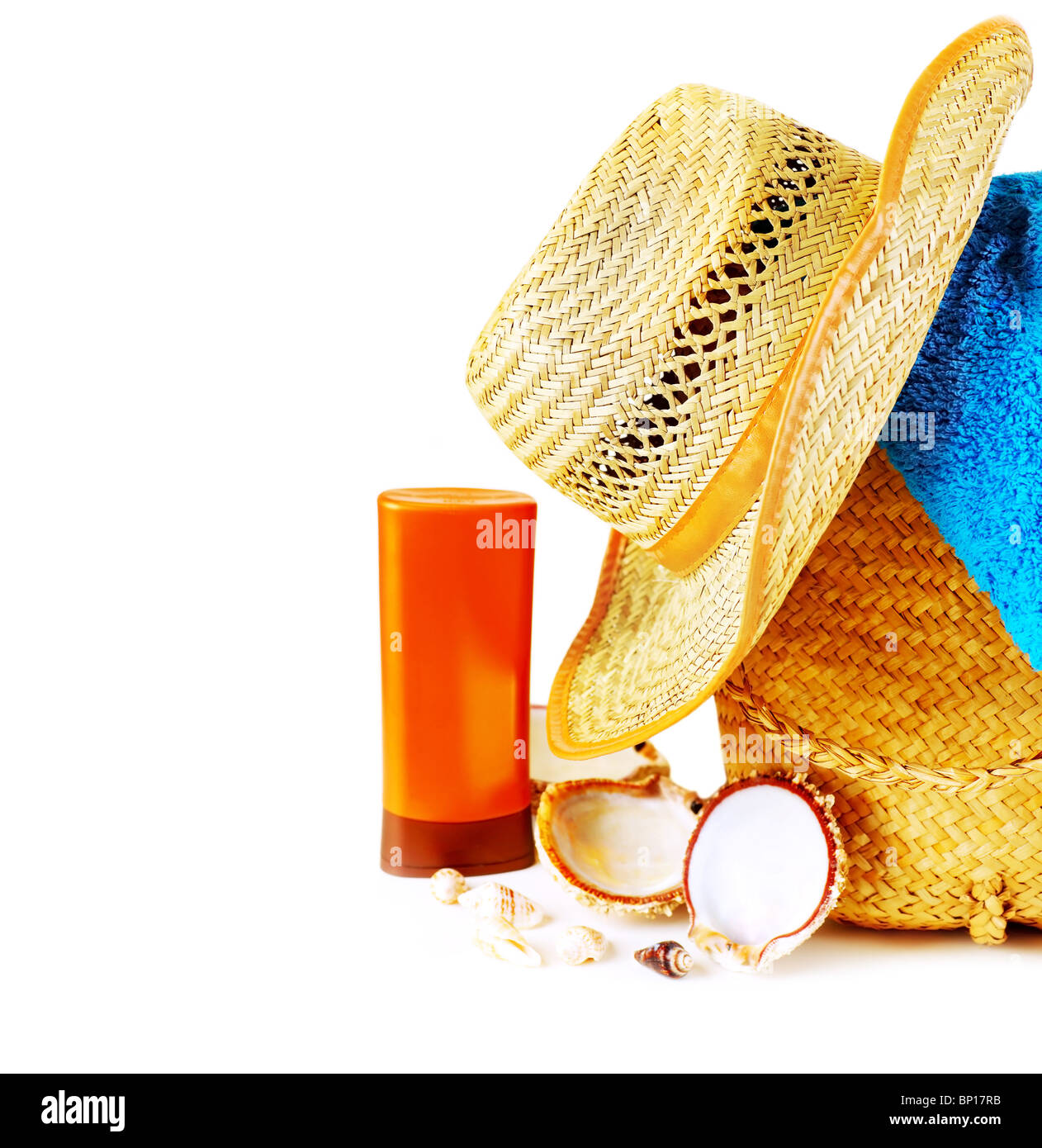 Beach items isolated on white conceptual image of summertime vacation ...