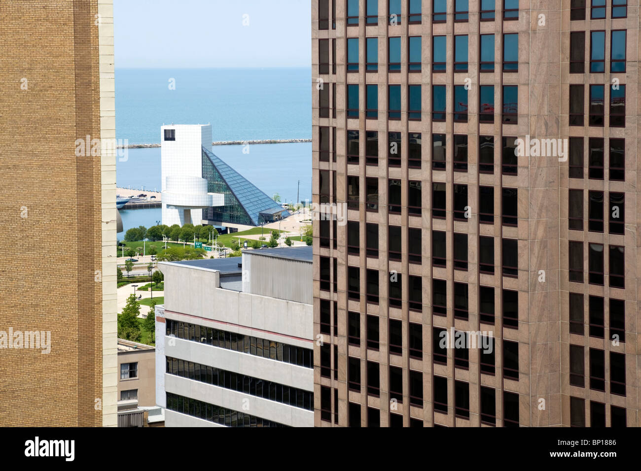 Lake Erie shore seen between skyscrapers from downtown Cleveland Stock ...
