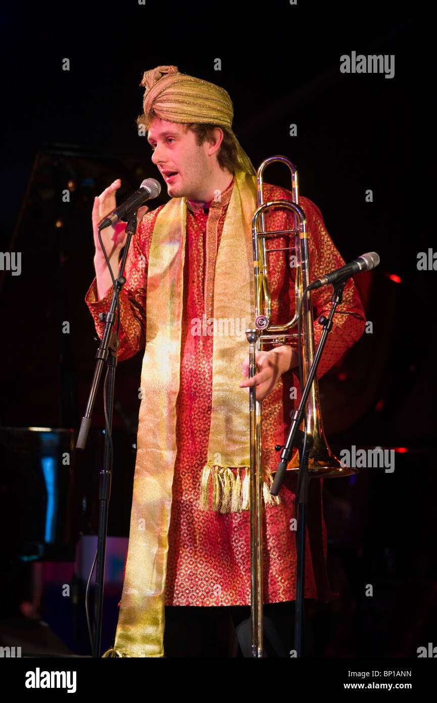 Bombay Baja Indian brass band playing on stage at Brecon Jazz Festival ...