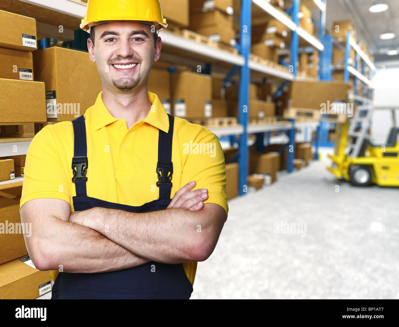 smiling manual worker isolated warehouse 3d background Stock Photo - Alamy