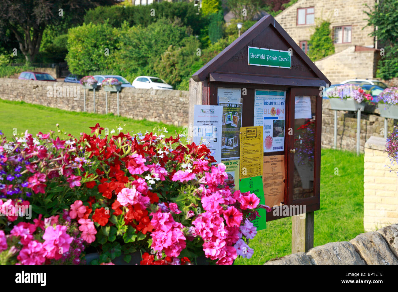 Flowers by the village notice board, Low Bradfield, Sheffield, Peak ...