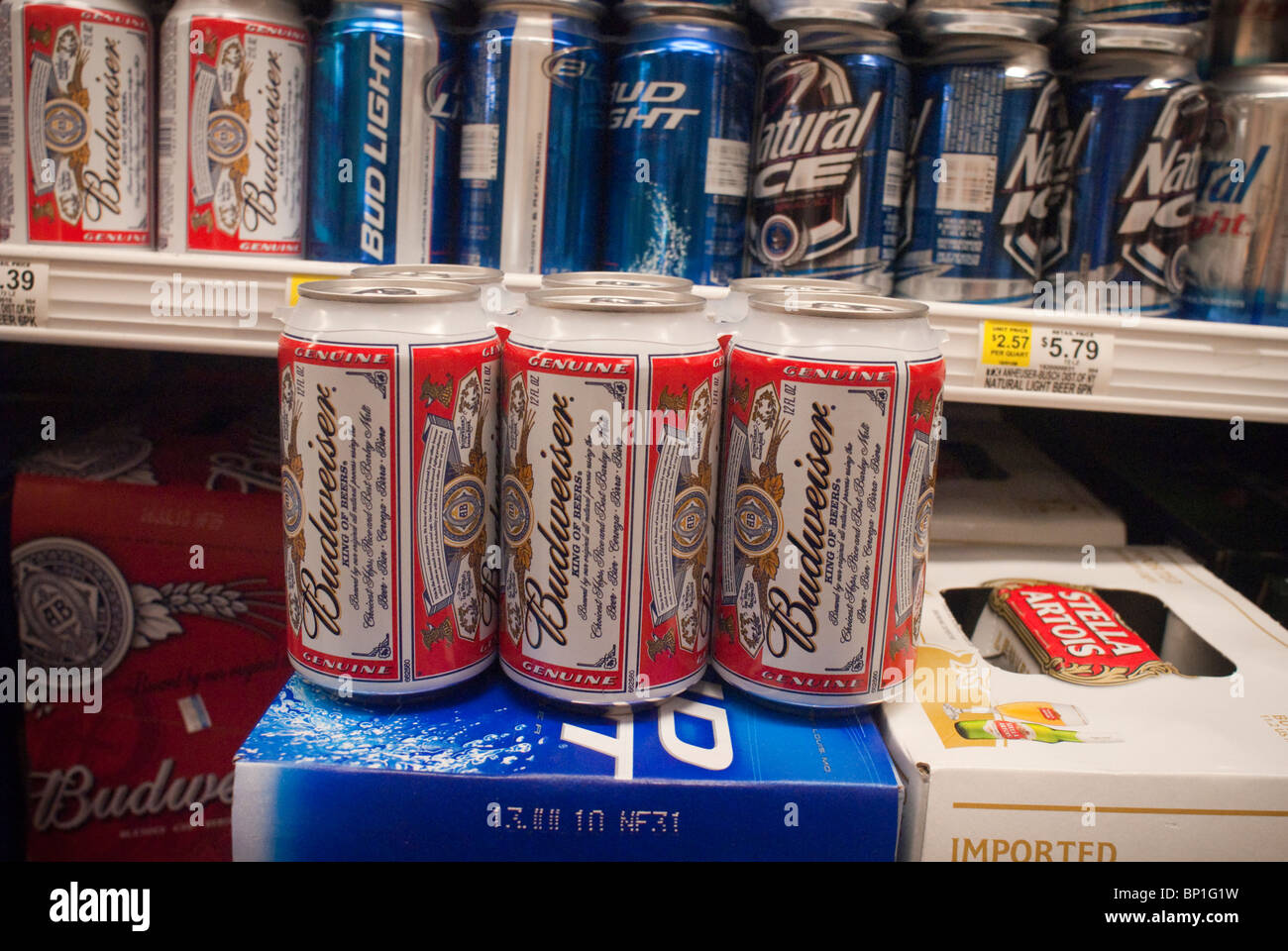 A display of Budweiser by the brewer Anheuser-Busch in a supermarket in ...