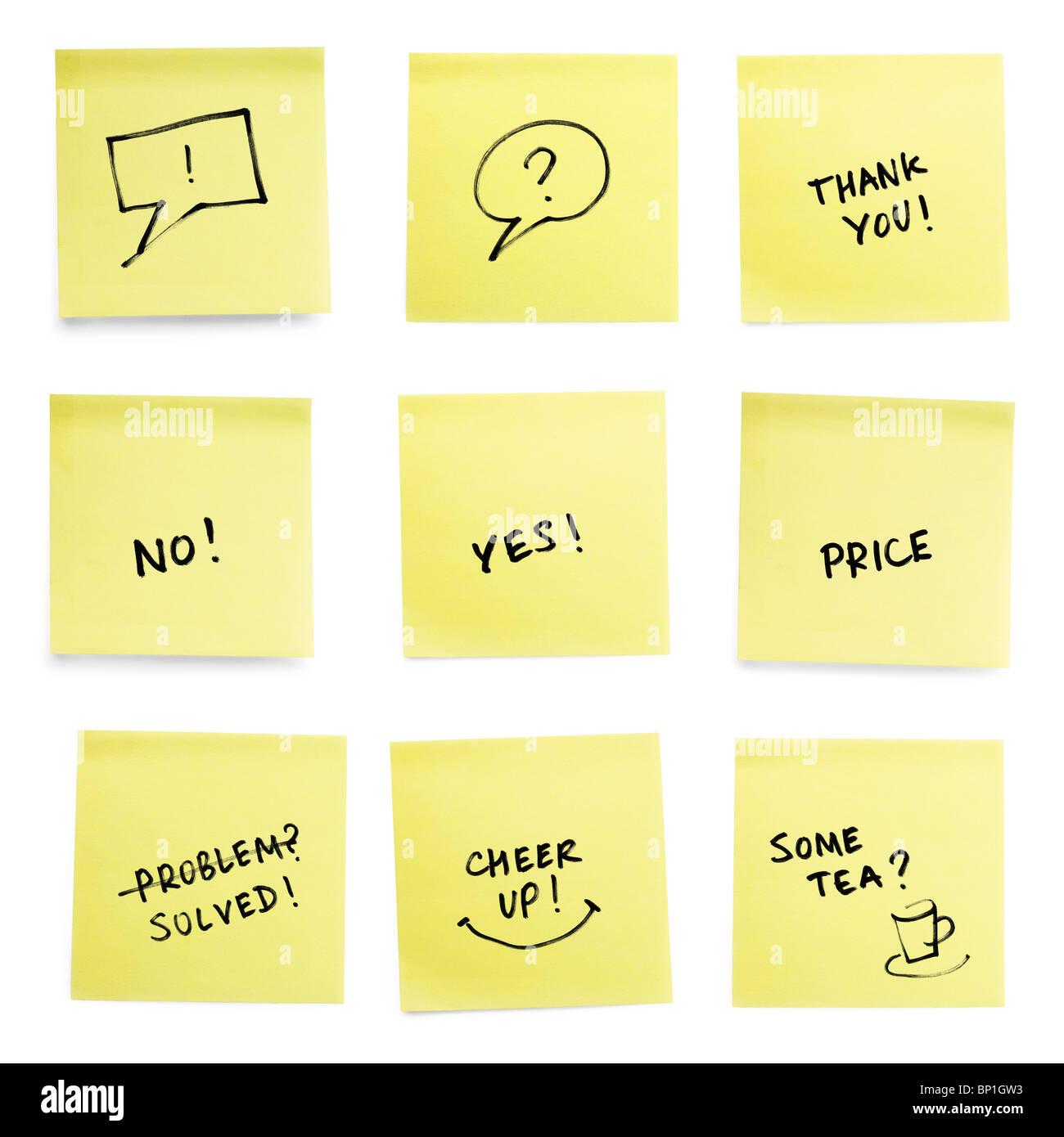 Yellow sticky papers set with some trendy slogans. Isolated on white ...