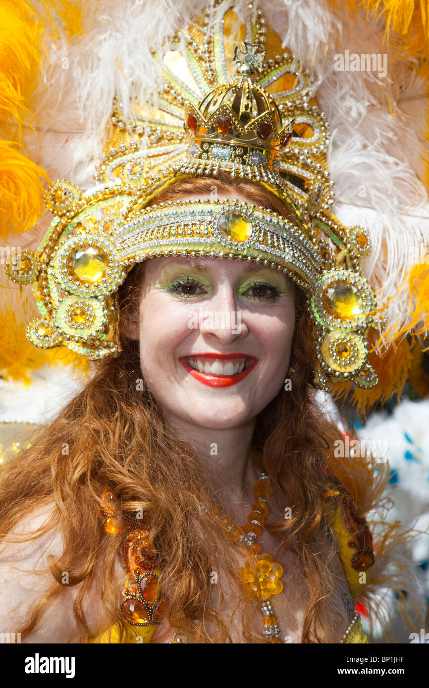 Samba dancer wearing a golden crown, Hackney One Carnival 2010, London ...