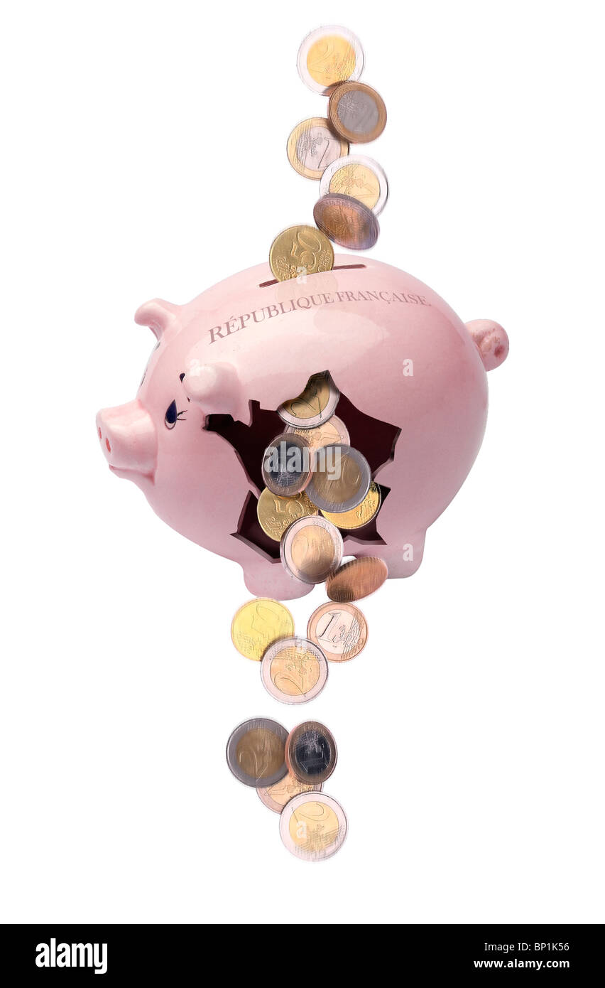 Euro coins falling into broken piggy bank Stock Photo - Alamy