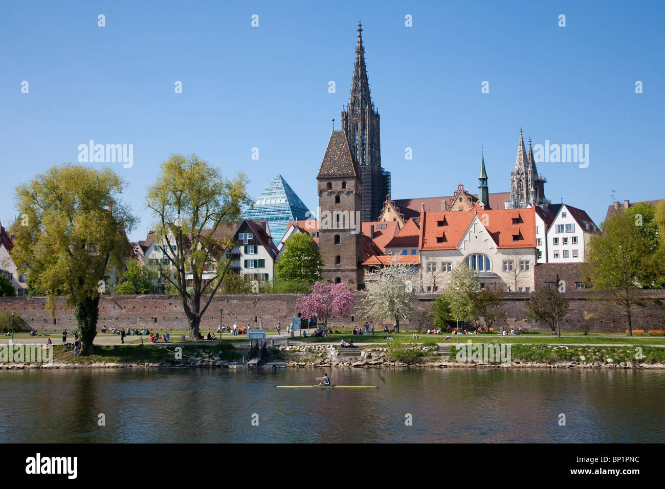 SKYLINE, ROWBOAT, DANUBE RIVER, ULM, BADEN-WURTTEMBERG, GERMANY Stock ...
