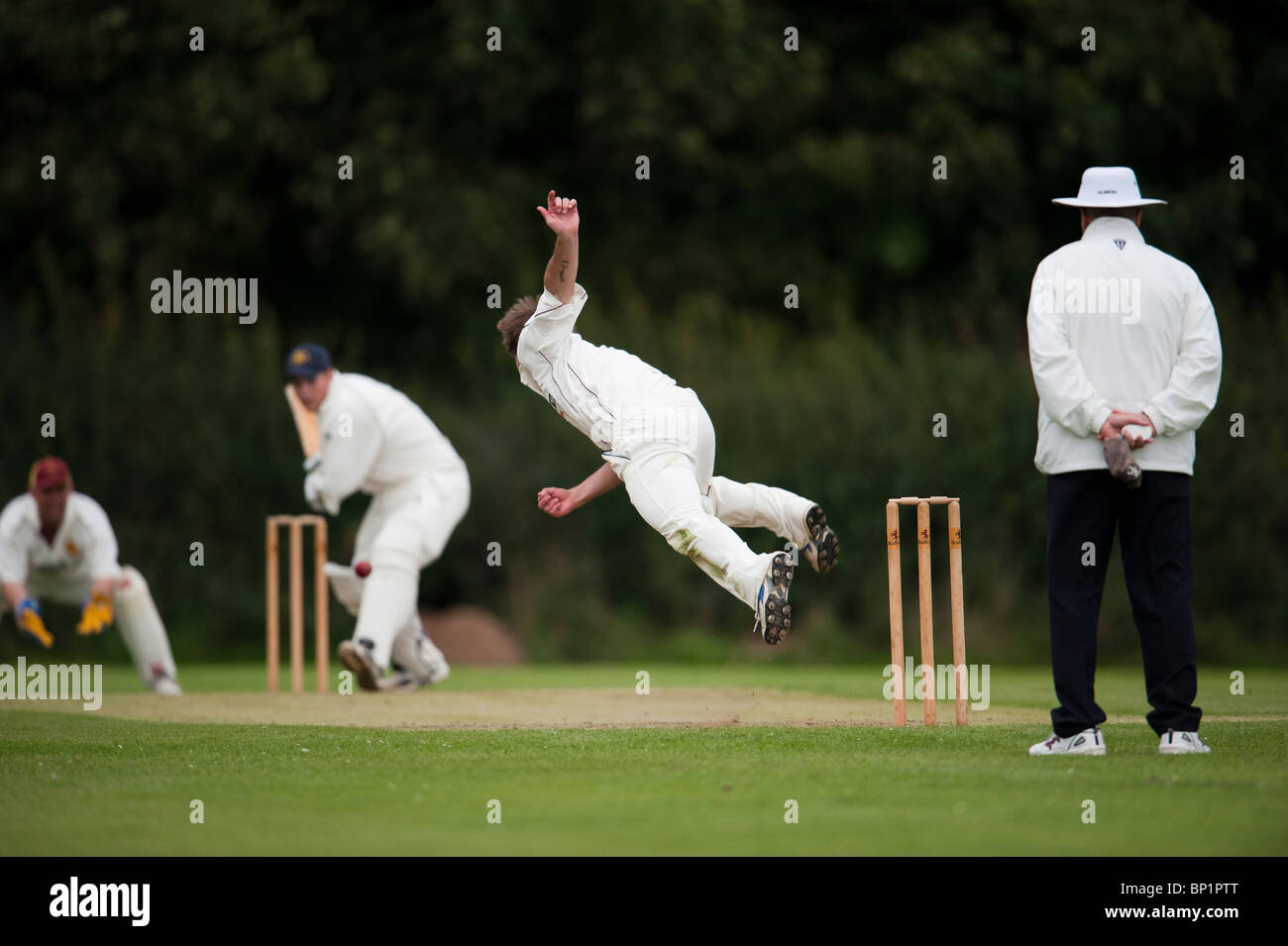 Cricket match bowler in action Stock Photo - Alamy