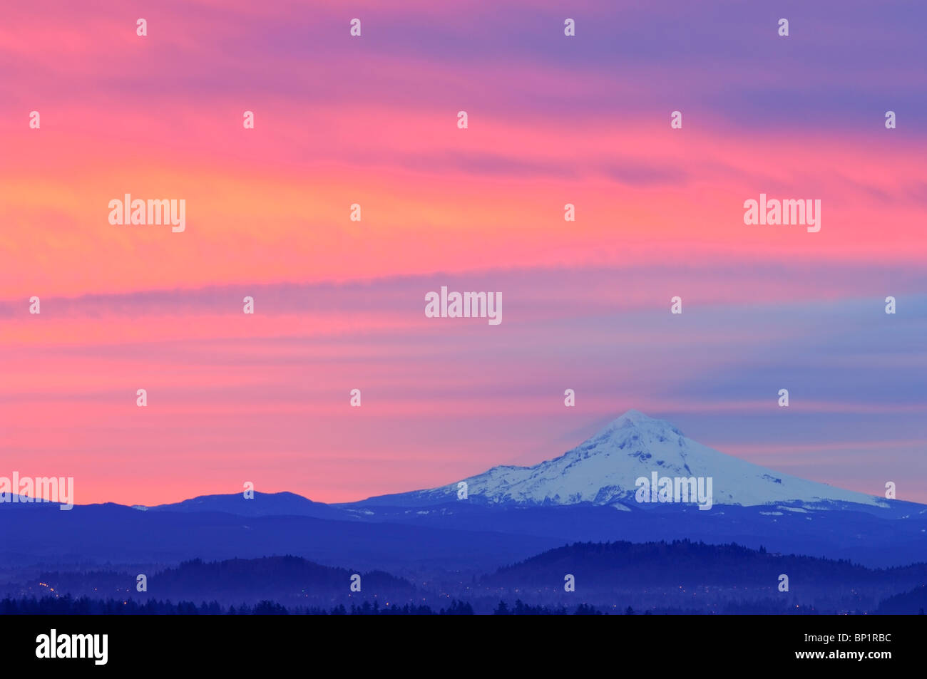 Oregon, United States Of America; A Red Sunrise Over Mount Hood Stock ...