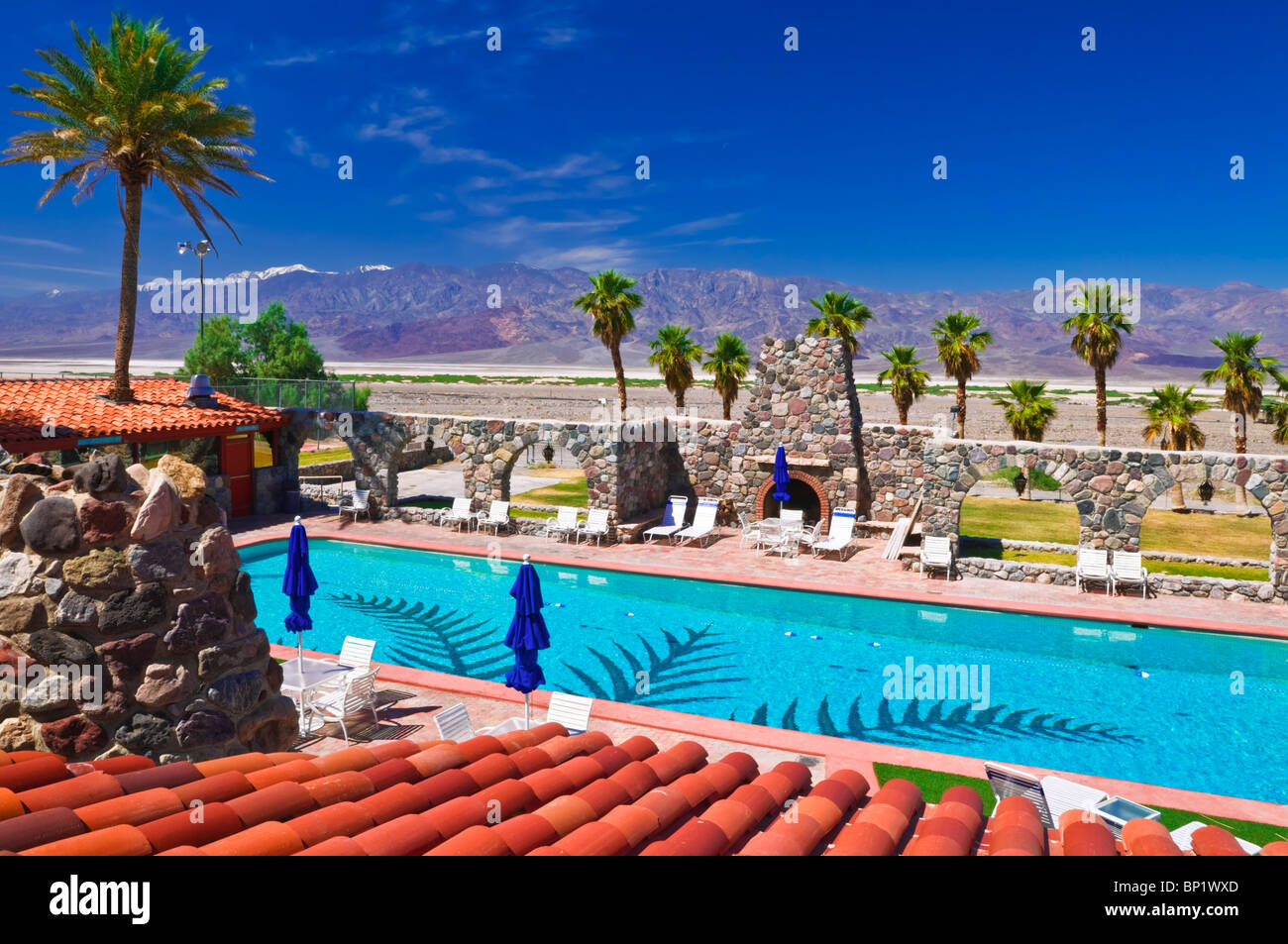The swimming pool and tile roof at Furnace Creek Inn, Death Valley ...