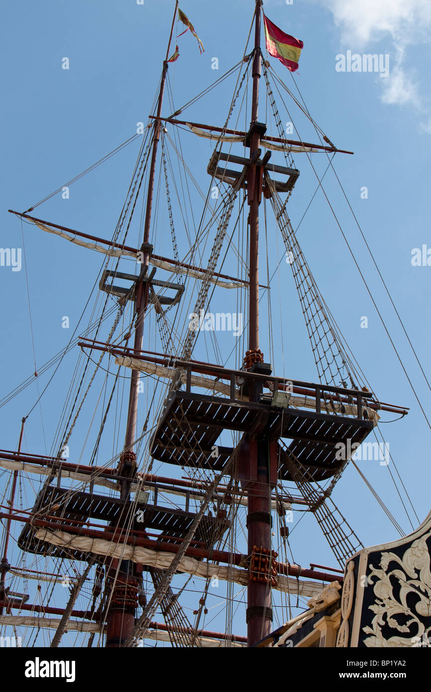 Square rigged ship "Santisima Trindad" alongside Malaga quayside.Spain ...