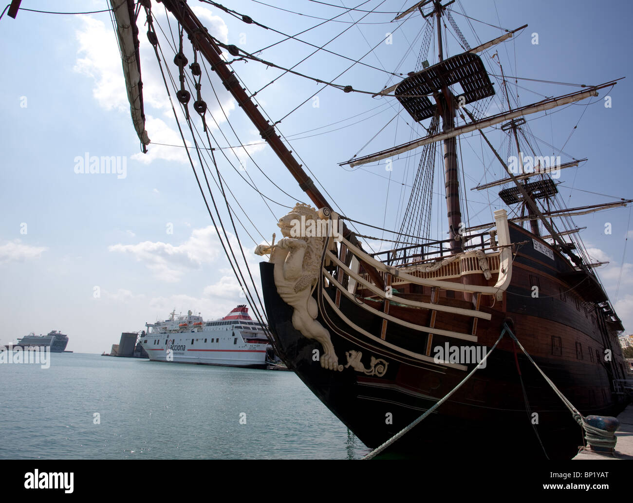 Square rigged ship "Santisima Trindad" alongside Malaga quayside.Spain ...