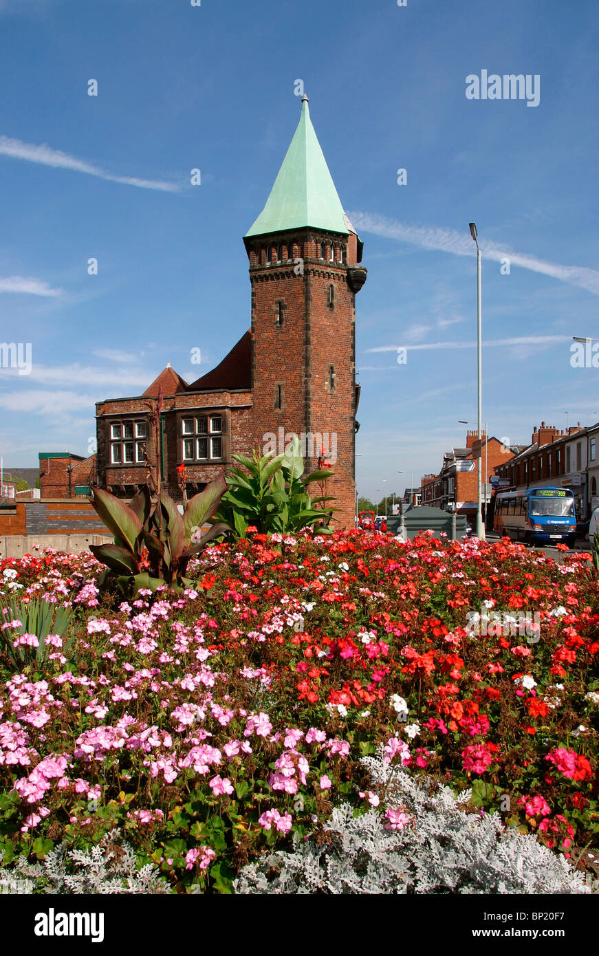 England, Cheshire, Stockport, Edgeley, Floral display on roundabout at ...