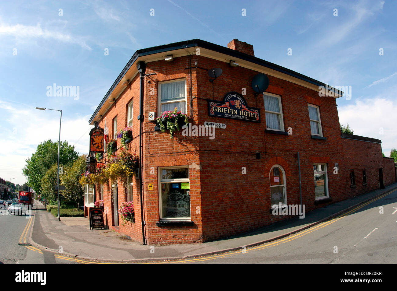 England, Cheshire, Stockport, Heaton Mersey, floral display outside the ...