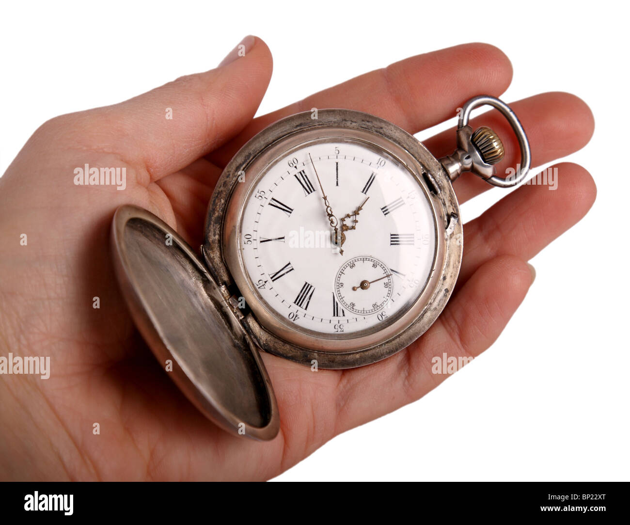 Hand shows antique pocket watch, isolated on white Stock Photo - Alamy