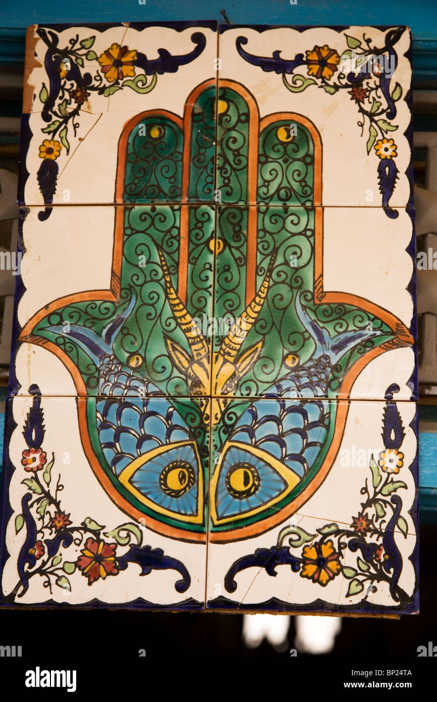 The Hand of Fatima is displayed at a pottery shop in the village of ...