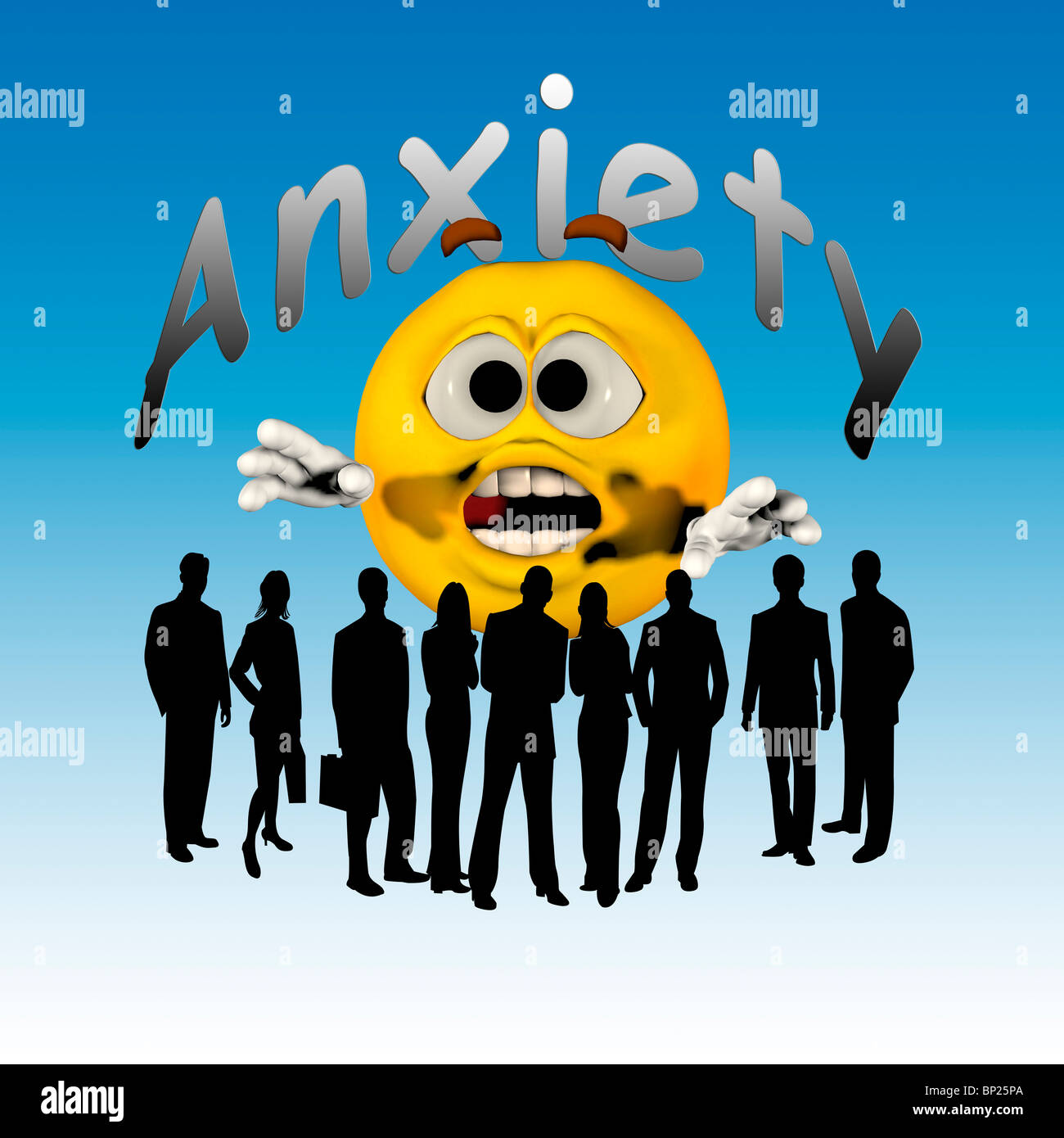 Fearful and Anxious Emoticon surrounded by silhouettes of business ...