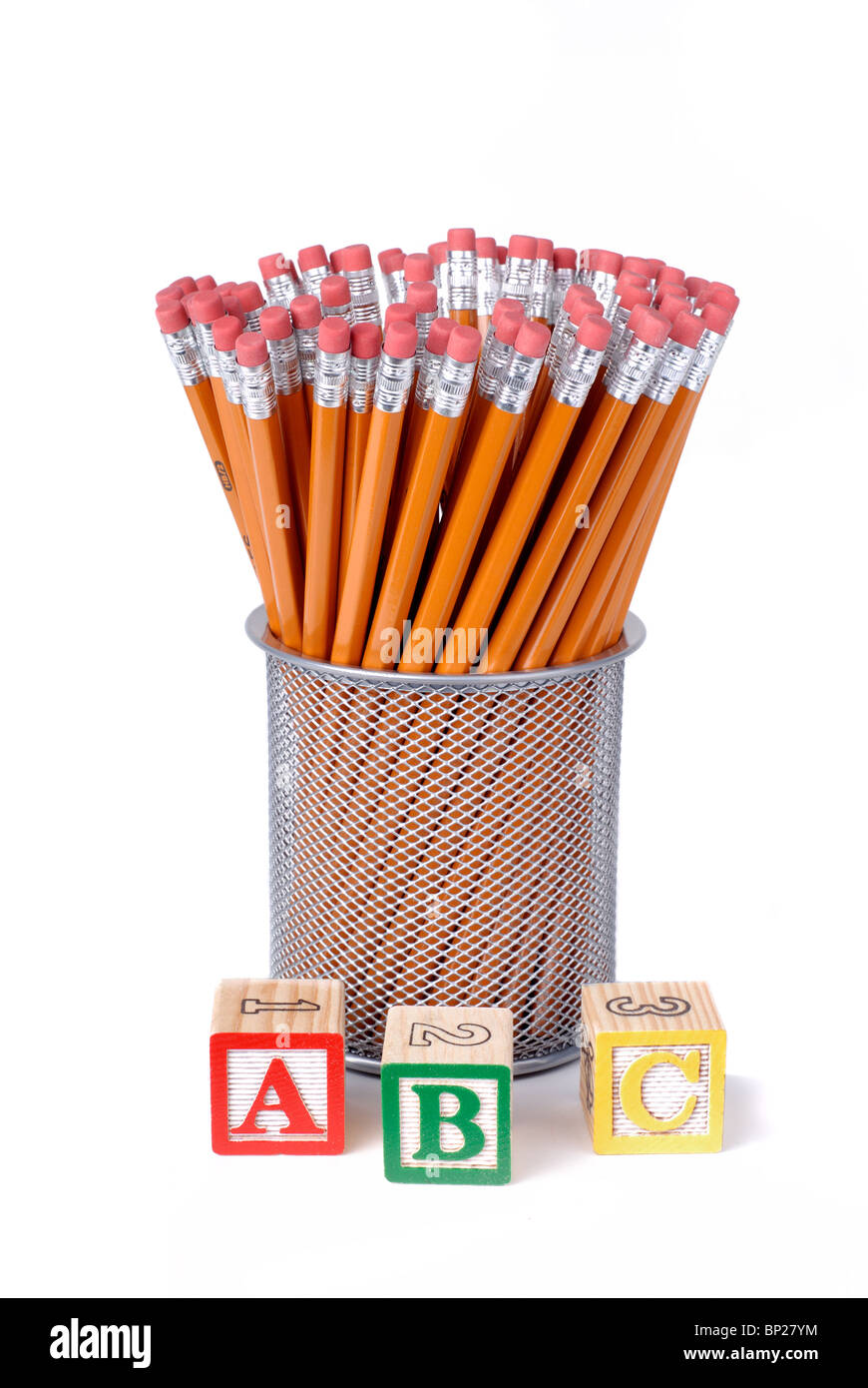 Pot Full Of Pencil's With Children's Alphabet Bricks, ABC, Isolated On ...