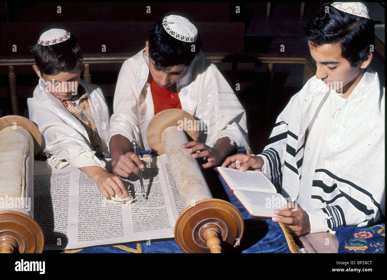 2073. JEWISH BOYS LEARNING TO READ THE TORAH FOR THEIR BAR-MITZVAH ...