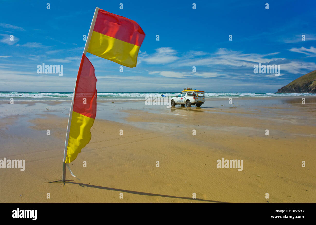 Lifeguard 4x4 pick-up truck & Safe Bathing flag, Mawgan Porth, Nr ...