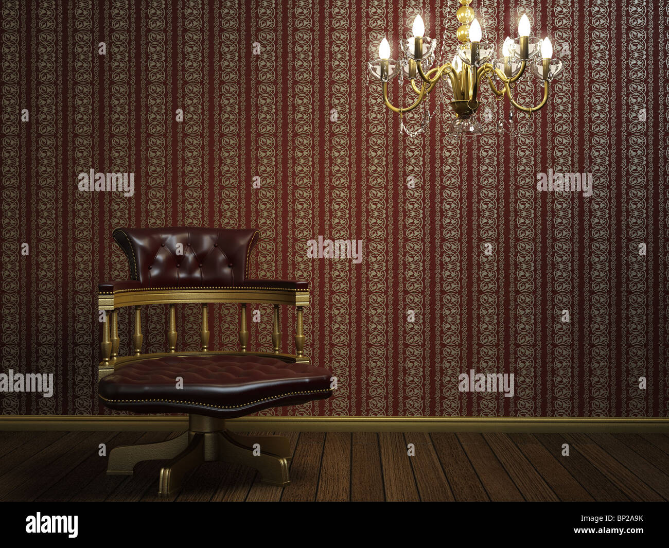 interior design scene with classic armchair and lamp over wallpaper ...