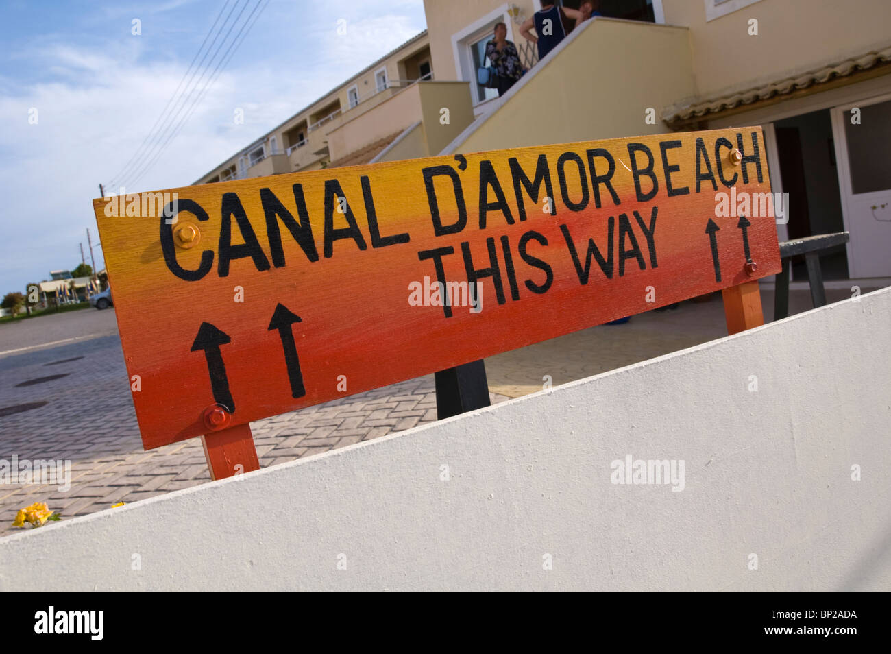 Corfu beach. Sign to CANAL D'AMOUR BEACH THIS WAY at Sidari on the ...