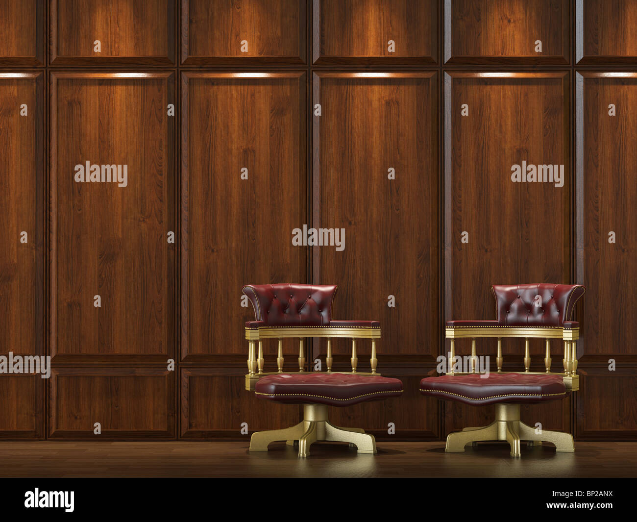 interior design of wood cladding wall with two classic golden chairs ...