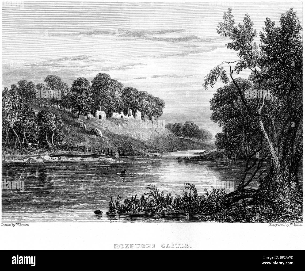 An engraving of Roxburgh Castle, near Kelso, Scotland UK scanned at ...