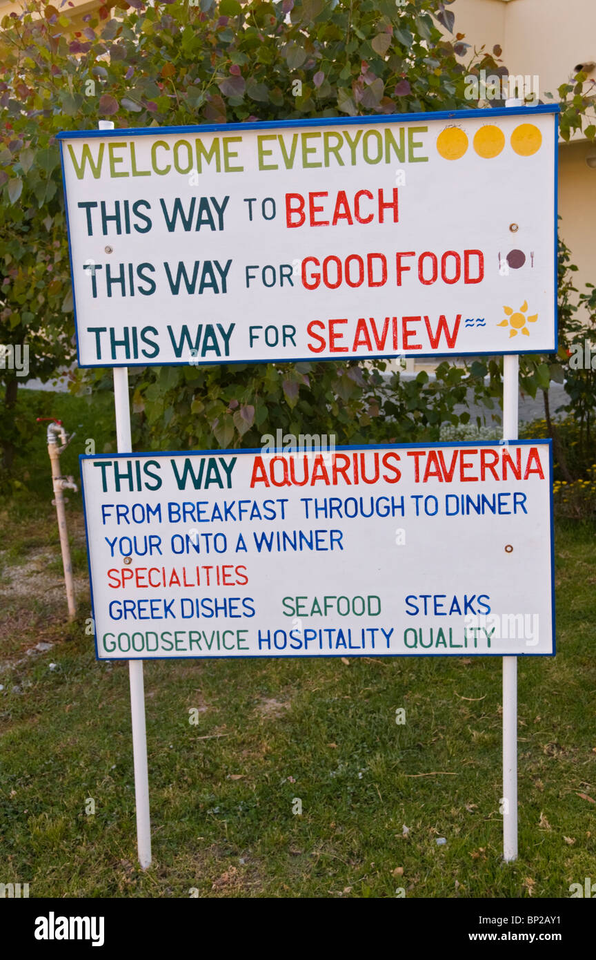 Signs outside taverna in Sidari on the Greek island of Corfu Greece GR ...