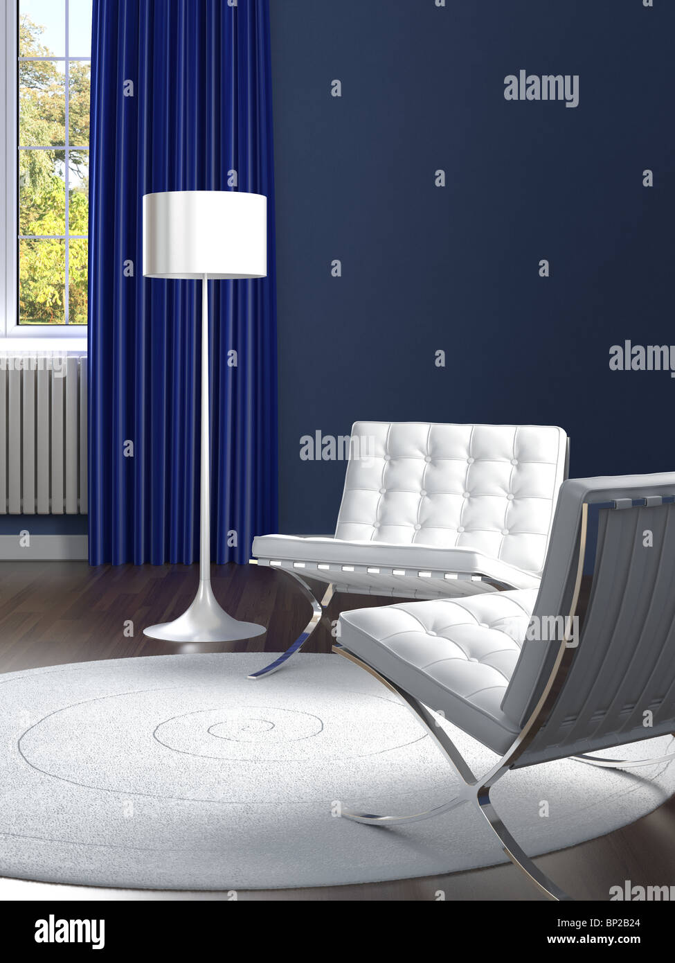 interior design of classic blue room with two white barcelona chairs ...