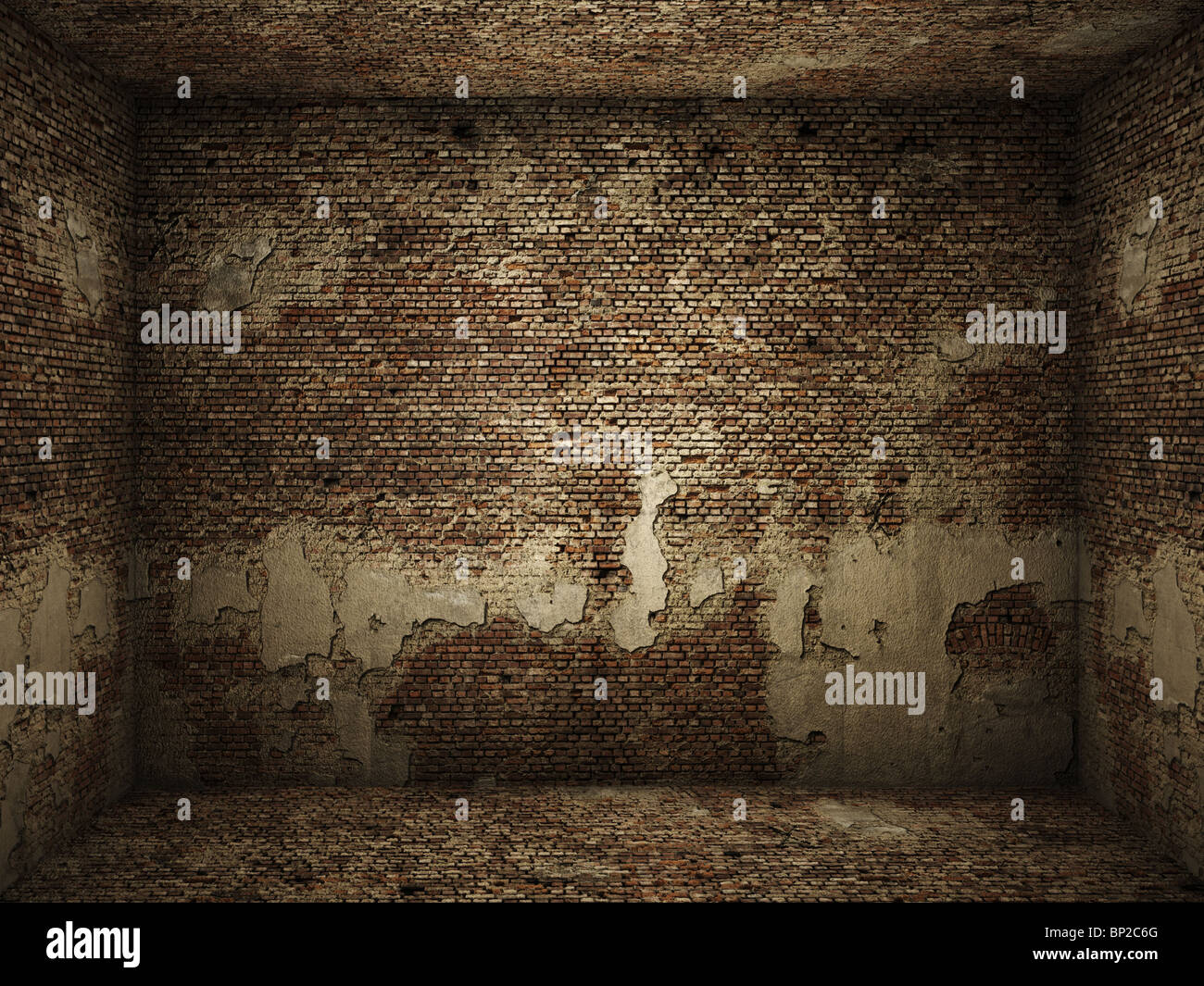 Interior of a very grungy brick wall room for use as background image ...
