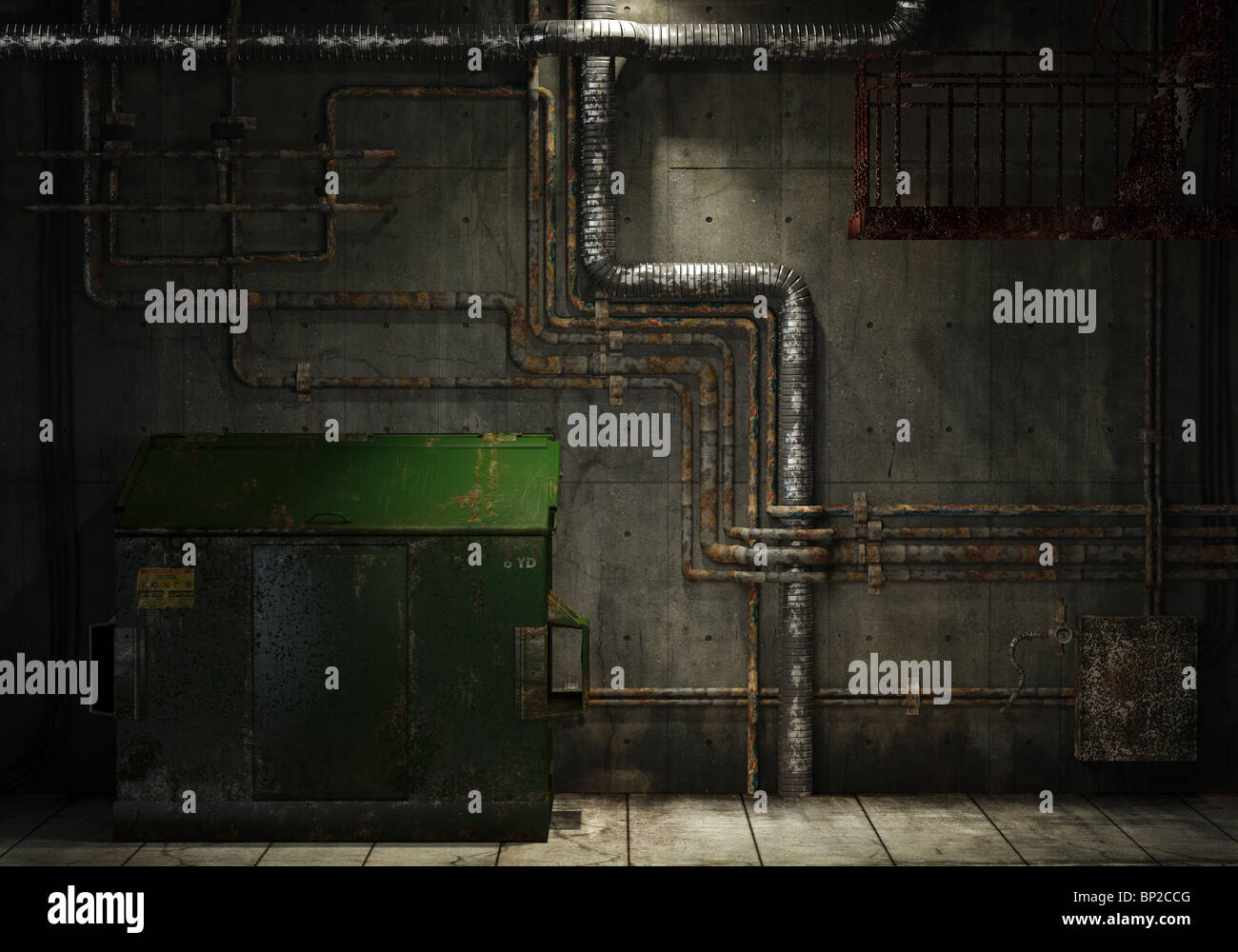 grunge interior room of an abandoned industrial warehouse showing a ...