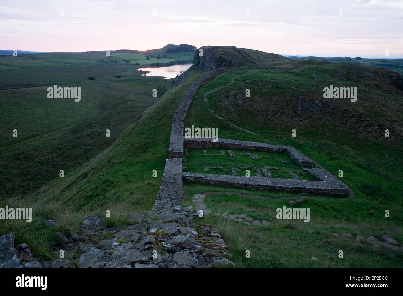 WIde landscape of Milecastle 39 on Roman Hadrian's Wall, once the ...