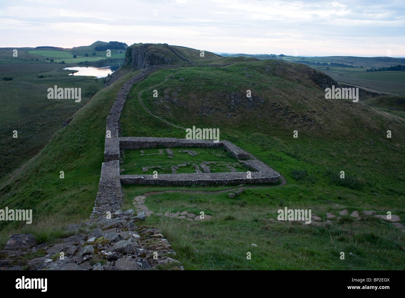 WIde landscape of Milecastle 39 on Roman Hadrian's Wall, once the ...
