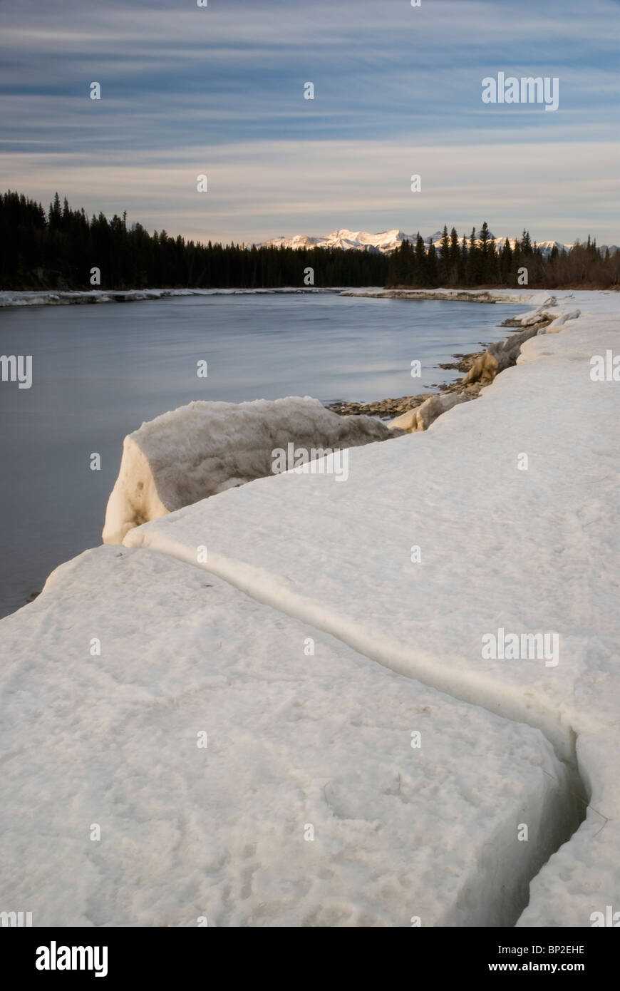 Cochrane, Alberta, Canada; The Bow River In Winter With The Rocky ...