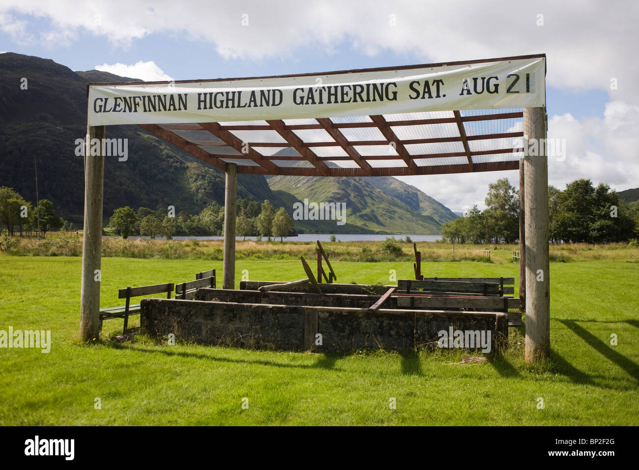 Empty Highland Games field at head of Loch Shiel in Scottish Highlands ...