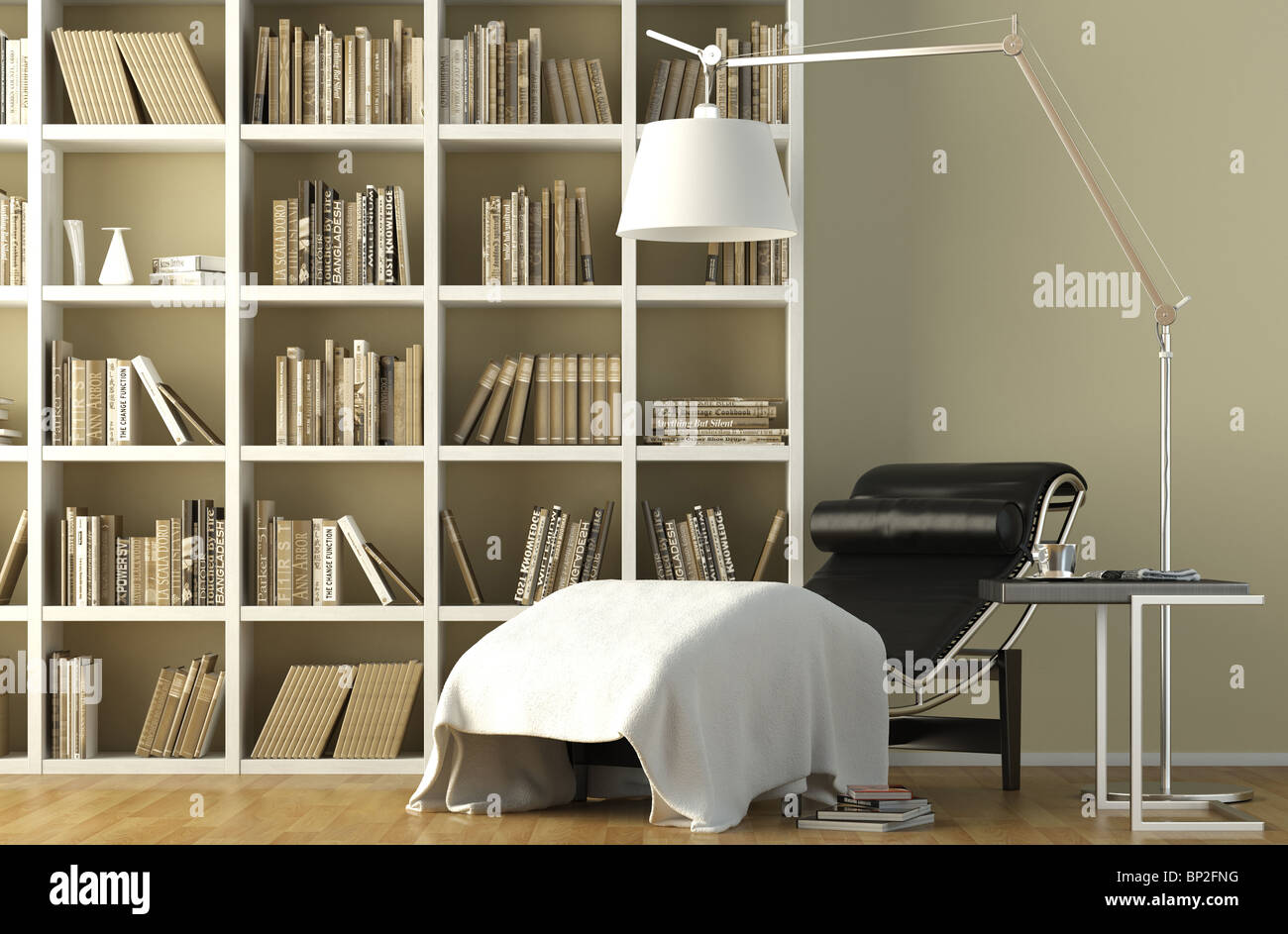 Modern interior of a reading couch with lamp an books Stock Photo - Alamy