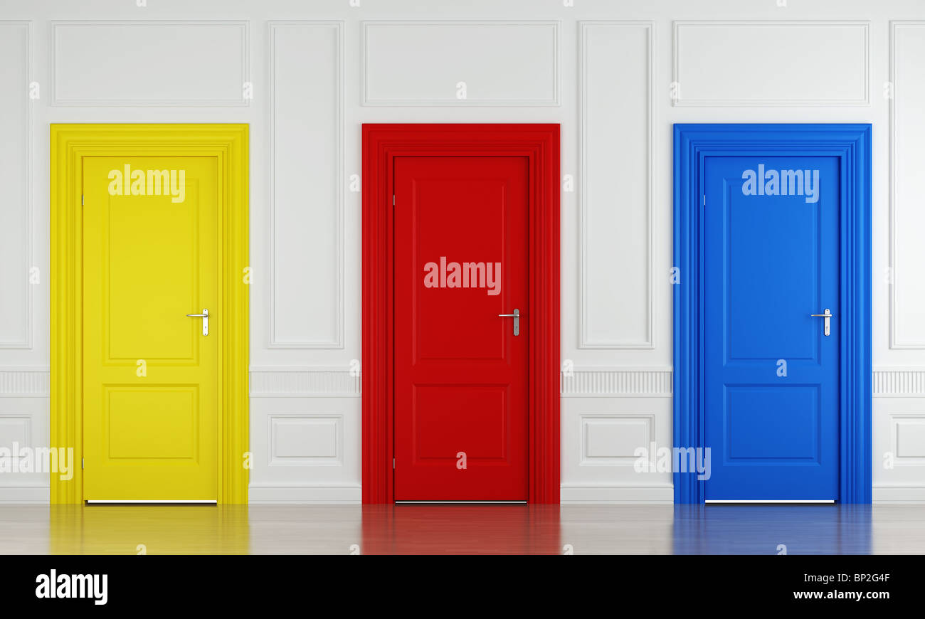 3d scene with three color doors in a wall as concept for choice or luck ...