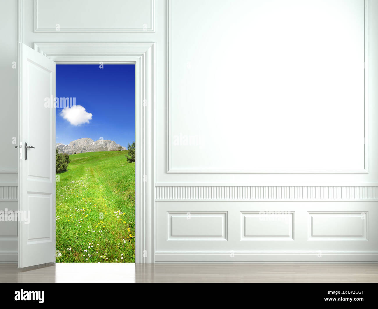 wall with an open door to a beautyfull landscape. This image contains a ...