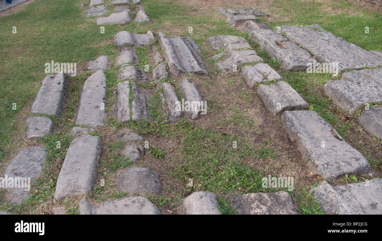 Piece of roman street, the surface is marked by old roman cars Stock ...