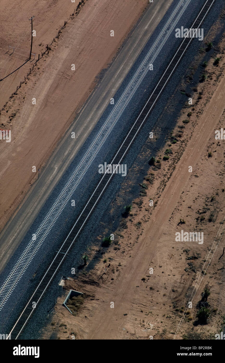 aerial view above empty railroad tracks across desert New Mexico Stock ...