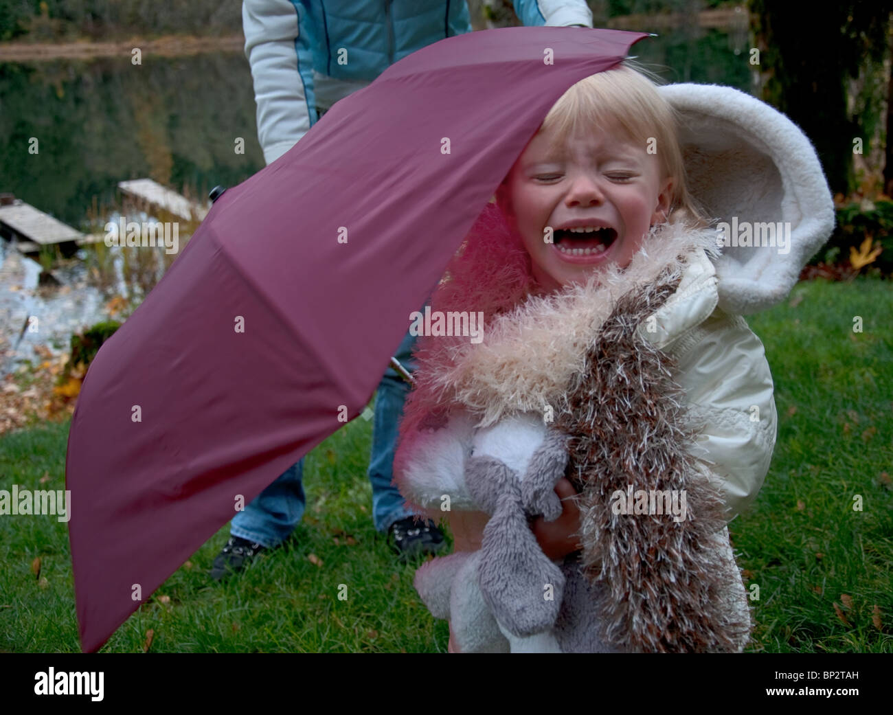 Two year old Caucasian toddler girl is crying outside under a burgundy ...