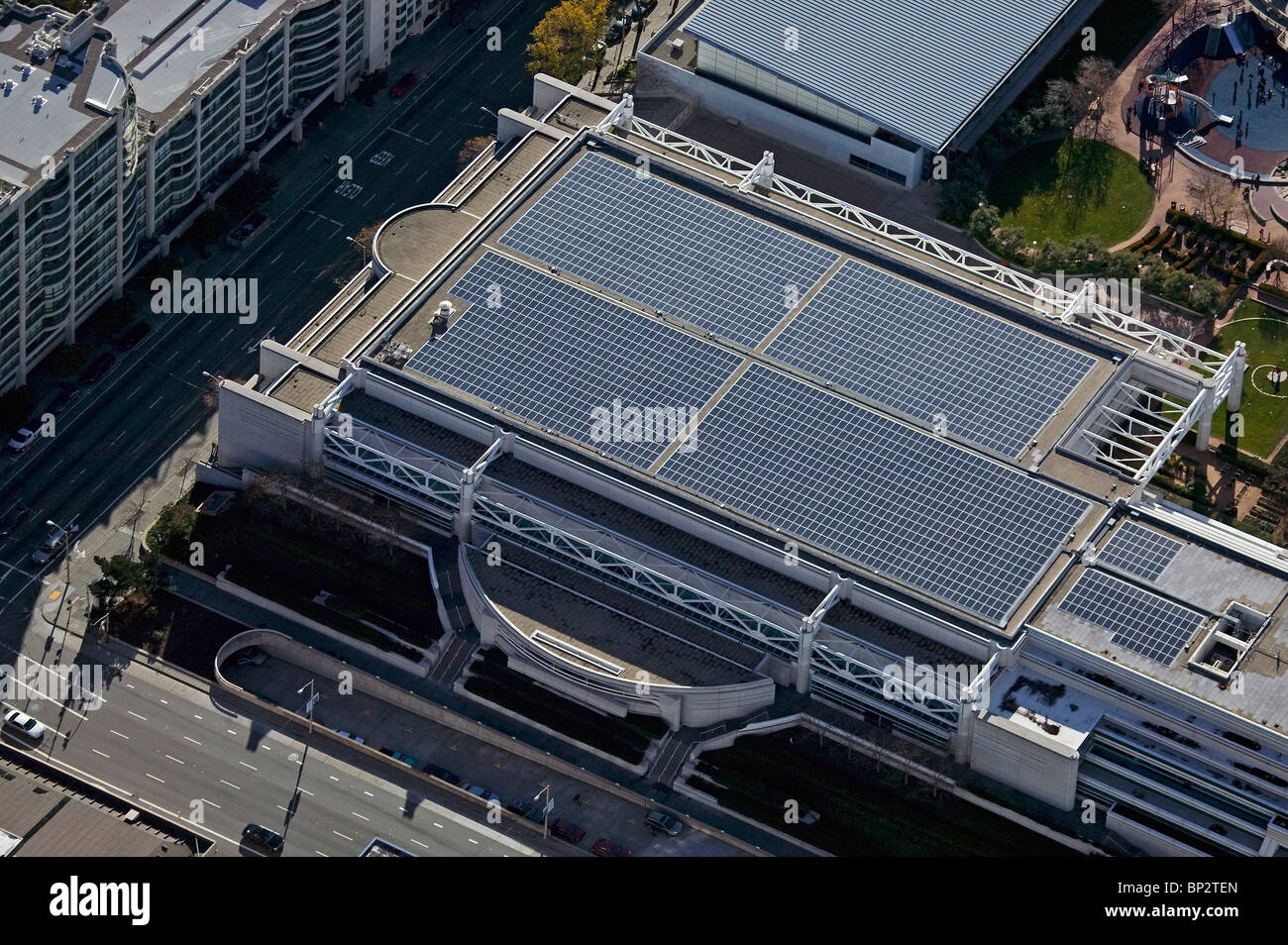 aerial view above solar panel roof Moscone Convention Center San ...