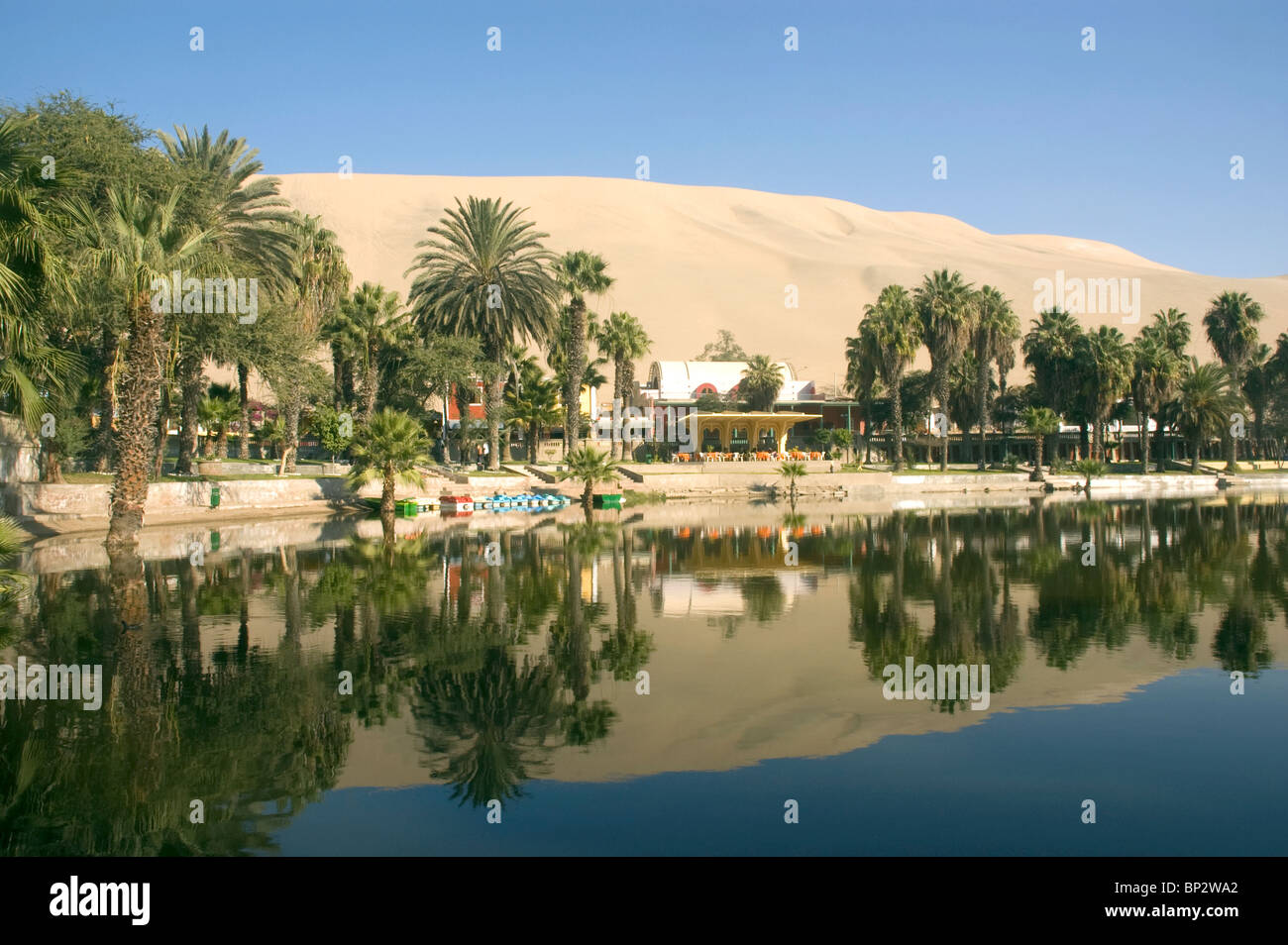 The picturesque lagoon and palm trees of Huacachina Oasis, Ica, Peru ...