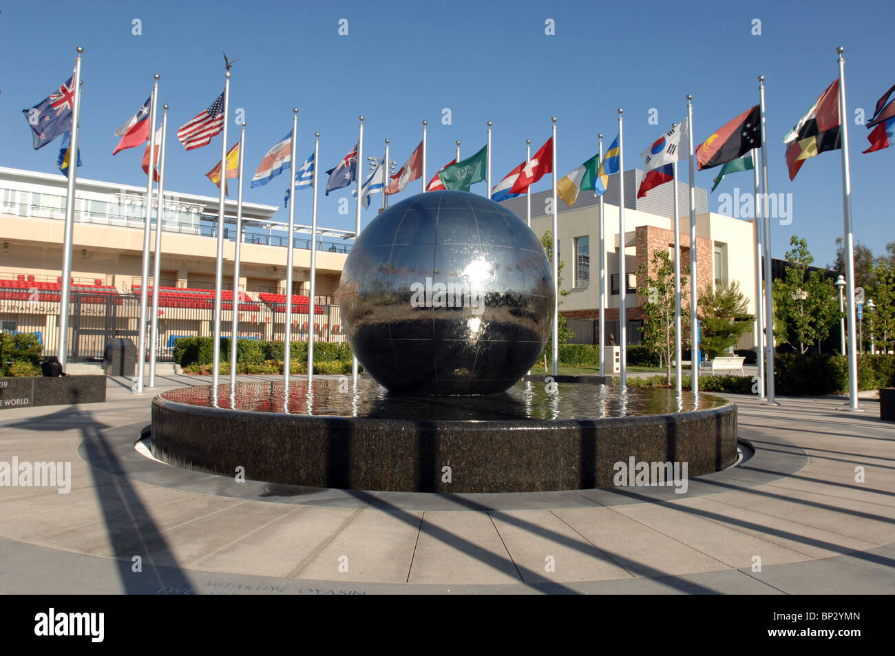 Chapman University's Global Citizen's Plaza Fountain with flags of many ...