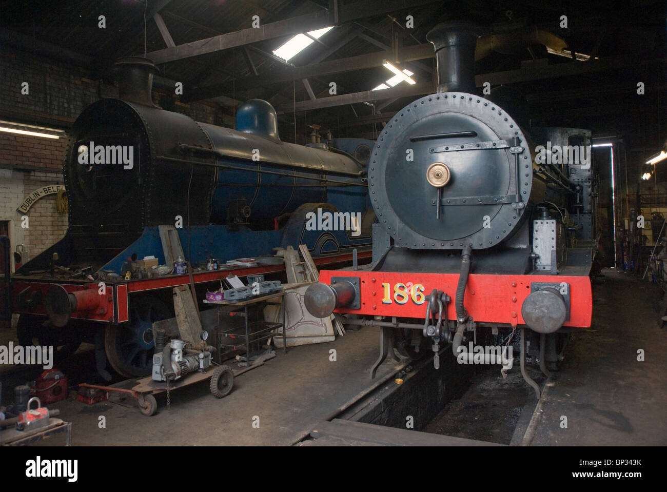 Two steam locomotives in the sheds at the Railway Preservation of ...