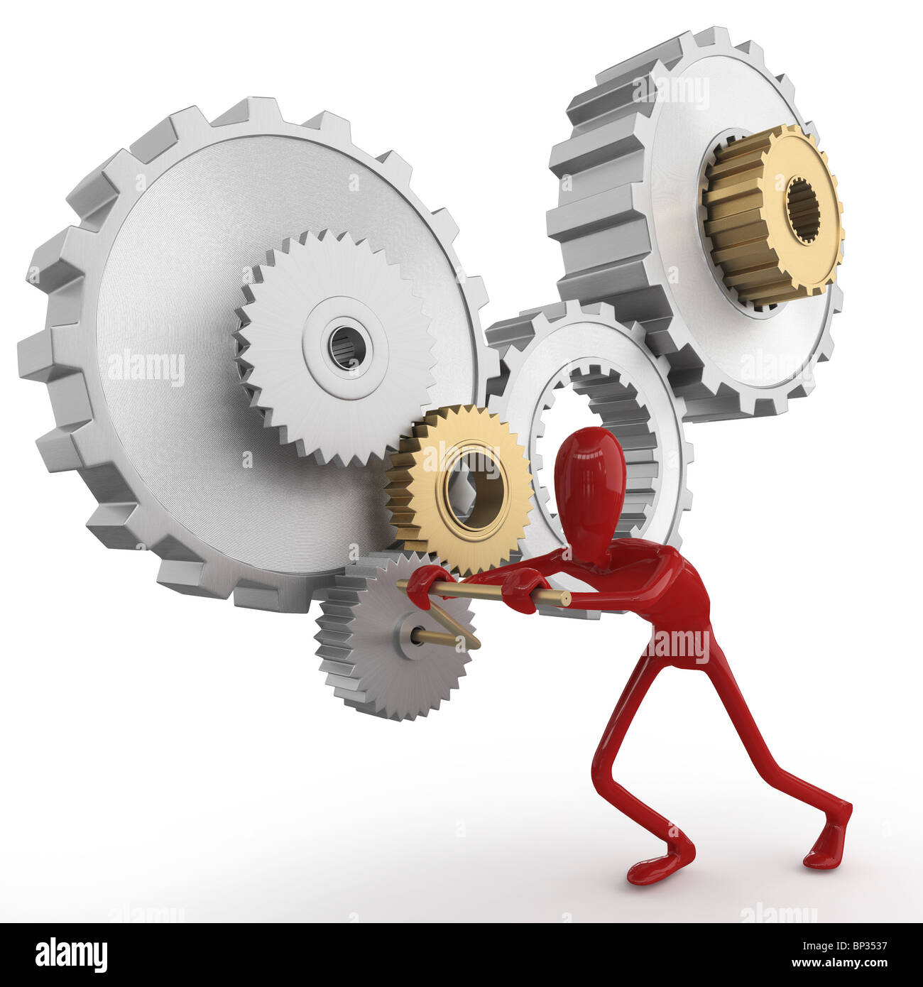 Isolated red dummy pushing a gear. This image contains a clipping path ...