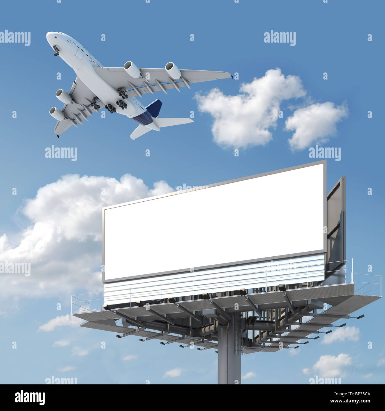 Big empty billboard with copy space and an airplane flying on the sky ...